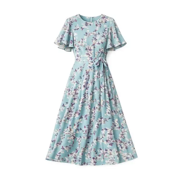 YUMI Blossom Skater Midi Dress With Angel Sleeves - Blue