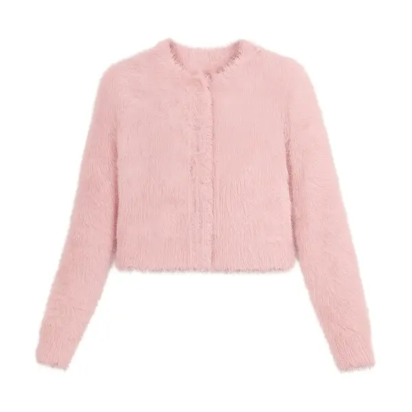 YUMI Eyelash Knit Cropped Cardigan - Pink