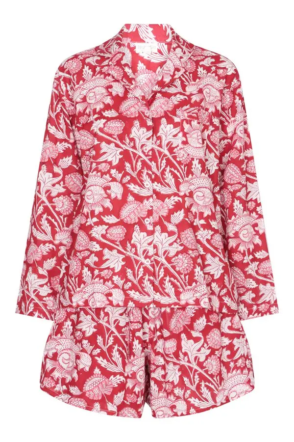 NOLOGO-CHIC Hand Block Printed Cotton Pj Shorts Set Vintage - Red