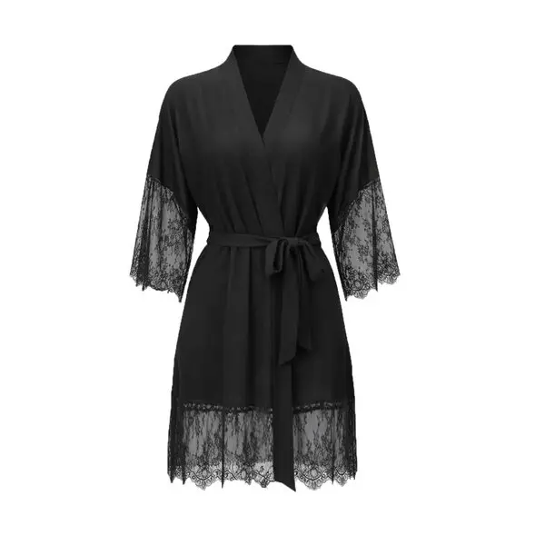 CAROL COELHO Orchid Lace-trimmed Kimono Robe - Black