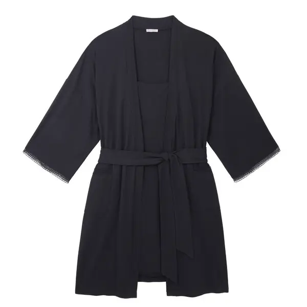 MAMU DREAM Modal Lace Trim Nightdress & Kimono Set - Black