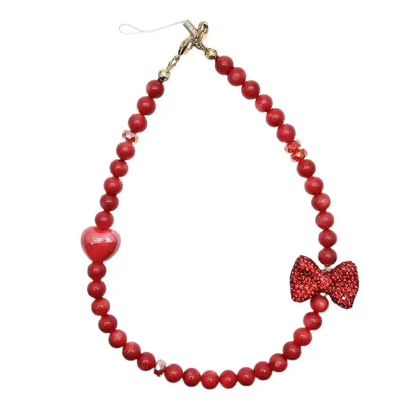 FARRA Bamboo Coral With Rhinestone Bow Charm Phone Strap - Red