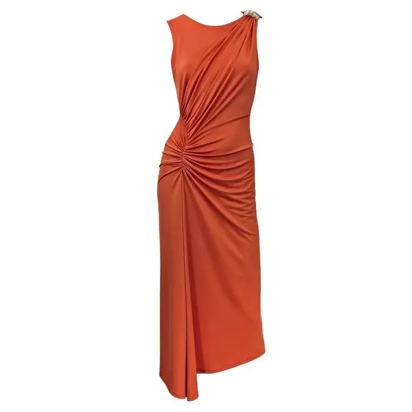 ME & THEE Draped Dress With Brooch - Orange