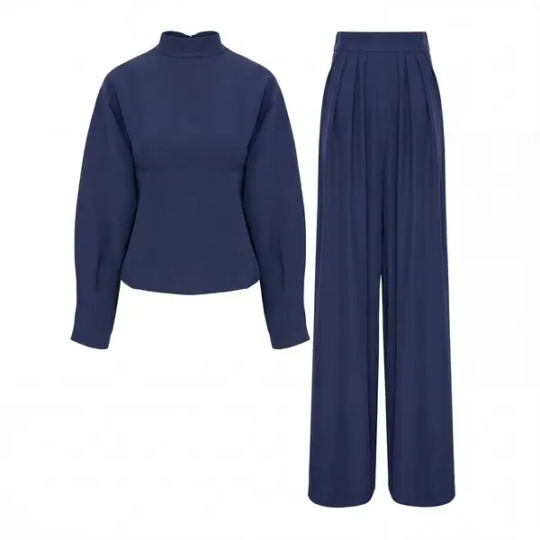 BLUZAT Minimalist Set With High-neck Top And Wide-leg Trousers