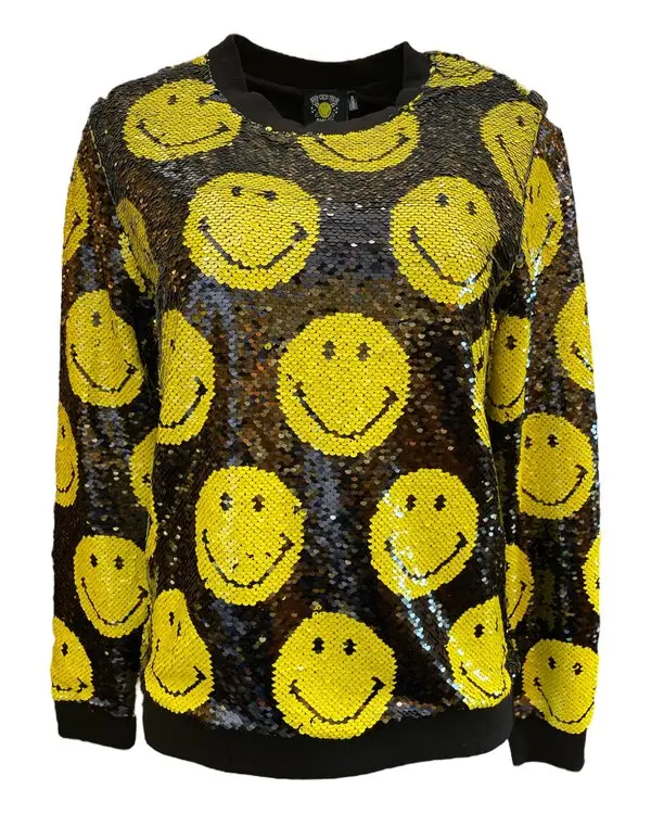 ANY OLD IRON Reversible Sequin Smiley Sweatshirt - Black/yellow