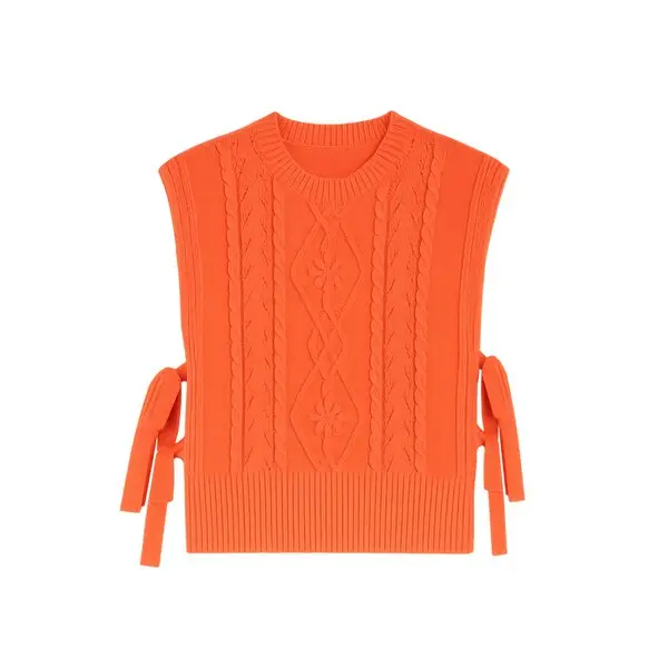 YUMI Flower Cable Knit Tie Side Pullover - Orange