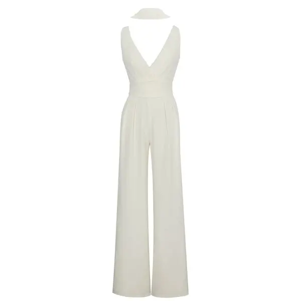 MISS CIRCLE NEW YORK Ruched V-neck Jumpsuit With Scarf - White