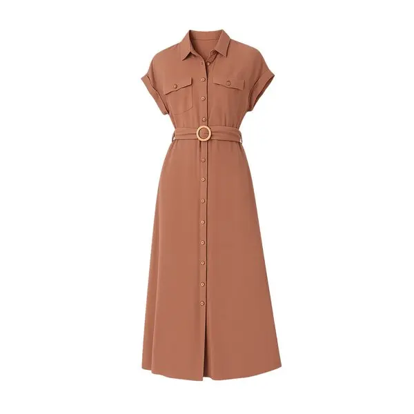 YUMI Viscose Midi Shirt Dress With Wooden Belt - Brown