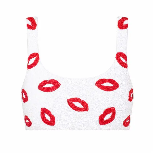 SELF-ADORE Kiss Hand-beaded Embellished Bikini Top - White/red