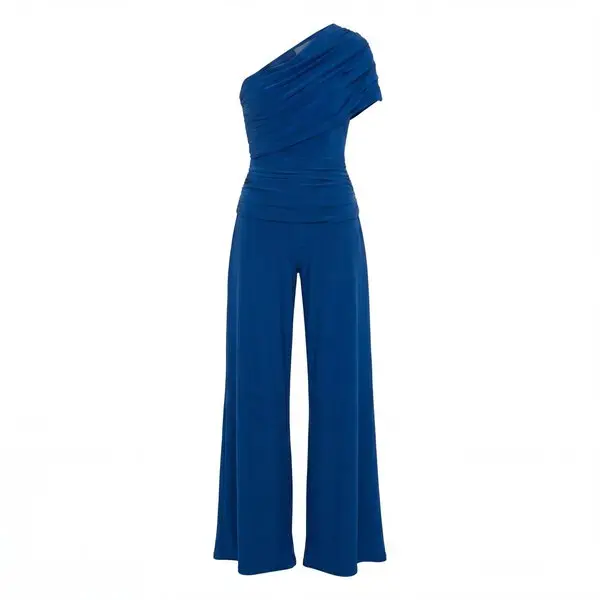 ATOM LABEL One-shoulder Pleated Waist Wide-leg Jumpsuit - Blue
