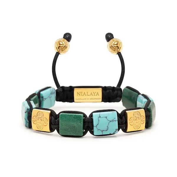 NIALAYA JEWELRY Turquoise And Green Jade Bracelet With Gold Plated Dorje - Blue/green/yellow