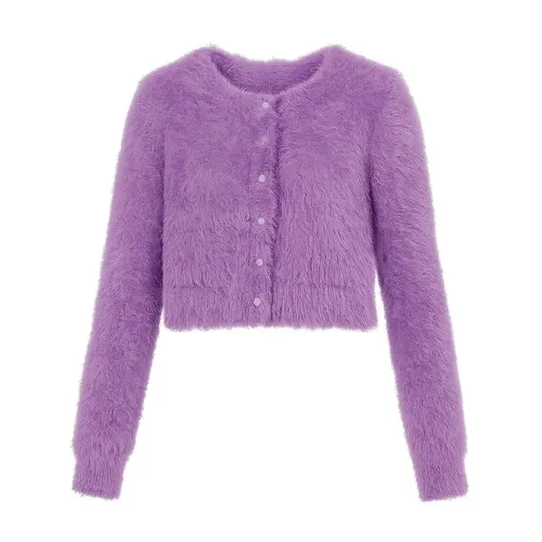 YUMI Lavender Eyelash Knit Cropped Cardigan - Pink