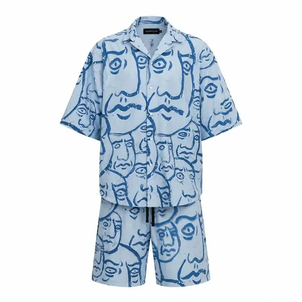 MYSIMPLICATED Short Sleeve Shirt And Bermuda Set With Faces Design - Blue