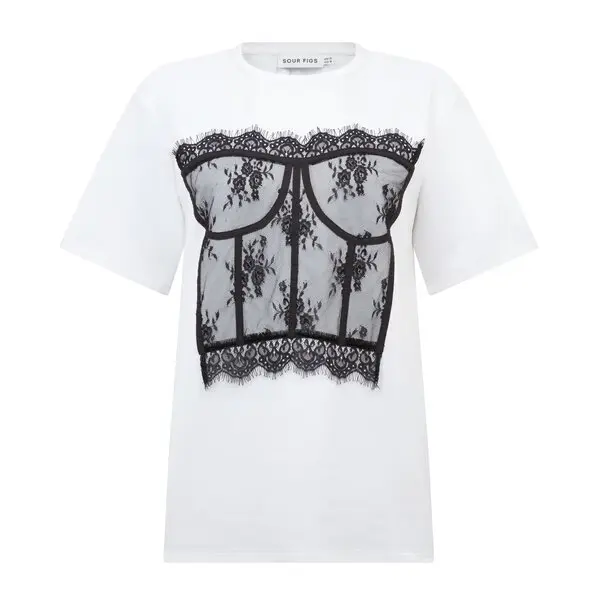 SOUR FIGS Lace Corset Appliqué T-shirt