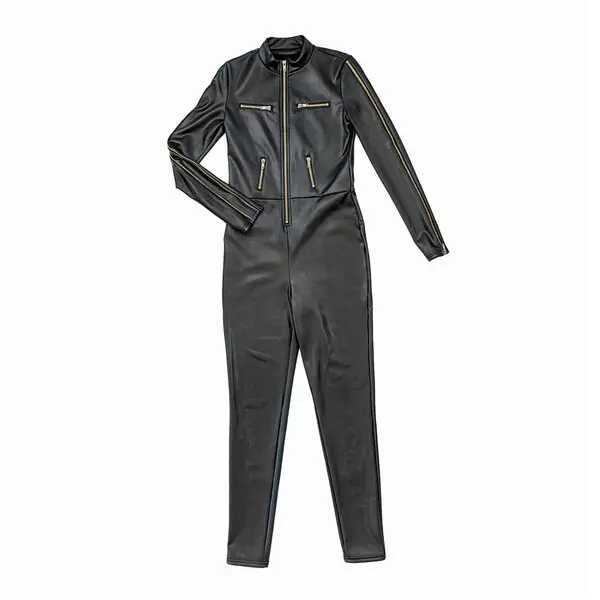 CIRCULAR PATH Vegan Leather Zipper Jumpsuit - Black