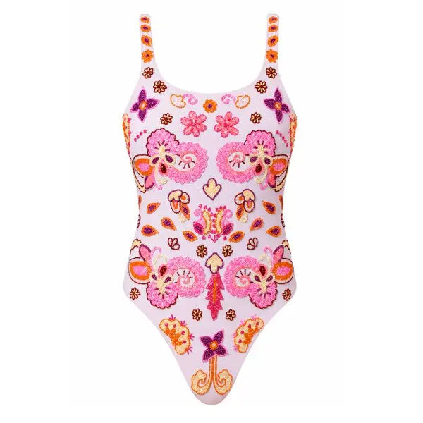 SELF-ADORE Floral Fiesta Hand-beaded One-piece Swimsuit - Pink