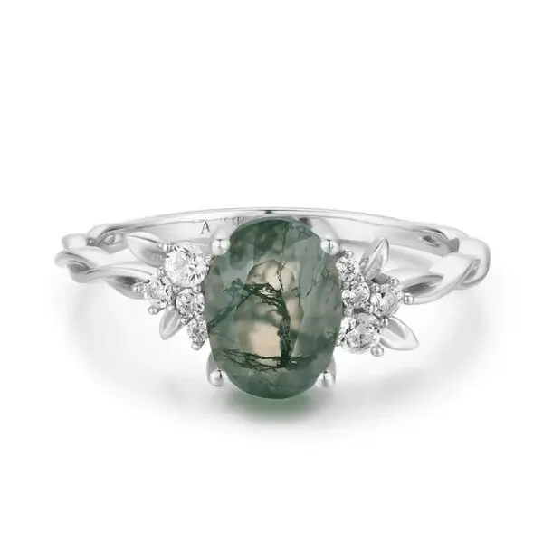 AZURA JEWELRY NEW YORK Enchanted Garden Moss Agate And Moissanite Ring - Silver