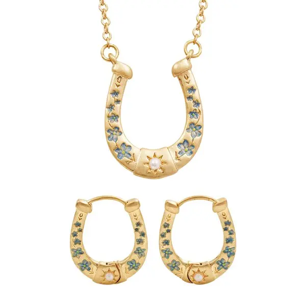 FABLE ENGLAND Horseshoe Necklace And Earrings Set - Gold/blue