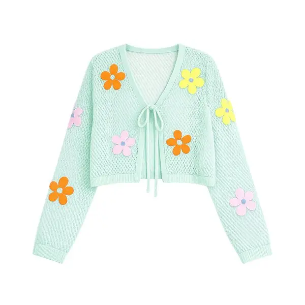 YUMI Mint Tie Front Cardigan With Flower Design - Green