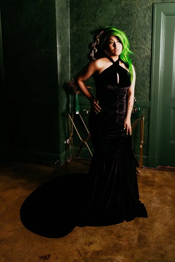 BYVINNIK Velvet Halter Gown With Boned Train - Black