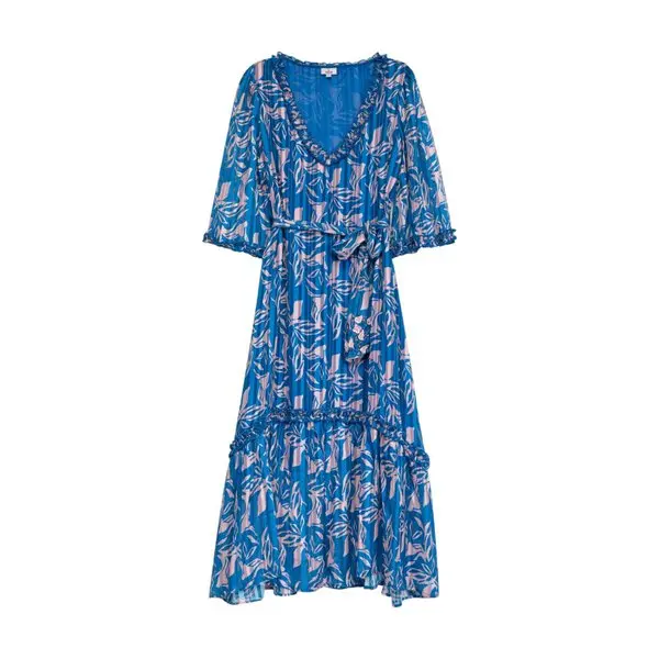 NIZA Printed Midi Wrap Dress - Blue
