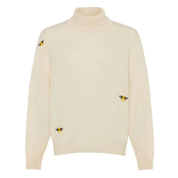 INGMARSON Wool & Cashmere Rollneck Sweater With Embroidered Bees - White