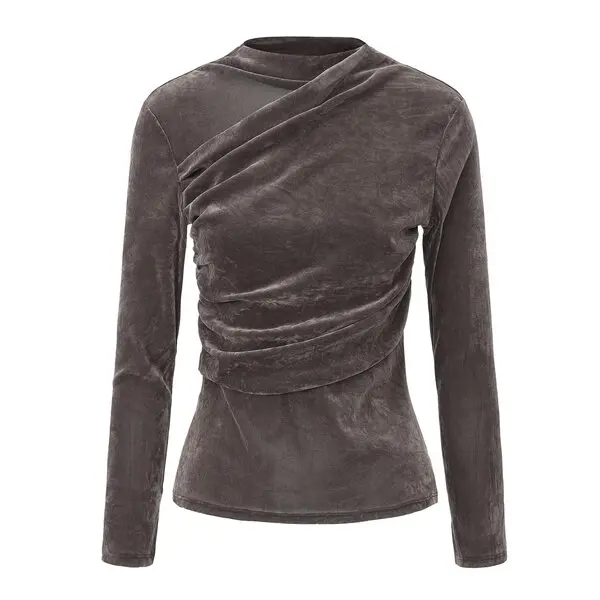 FRONT ROW SHOP Asymmetric Draped Velvet Mesh Top