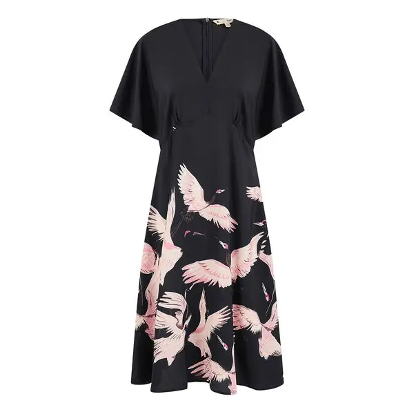 YUMI Recycled Fabric Crane Print Kimono Midi Dress - Black