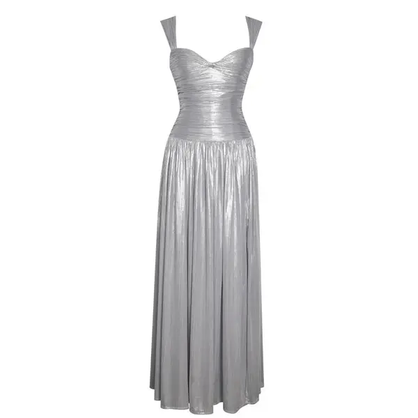 MISS CIRCLE NEW YORK Palmer Glitter Drop Waist Maxi Dress - Silver