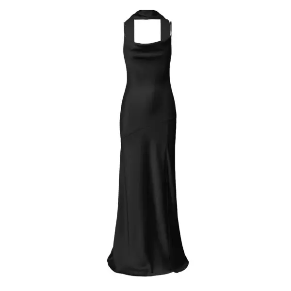 LITA COUTURE Floor-length Satin Gown With Cowl Neckline And Slit - Black