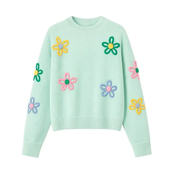 YUMI Relaxed Flower Embroidered Jumper - Green
