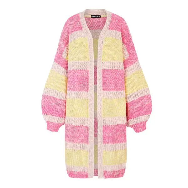 CARA & THE SKY Tracy Stripe Balloon Sleeve Midi Cardigan - Pink