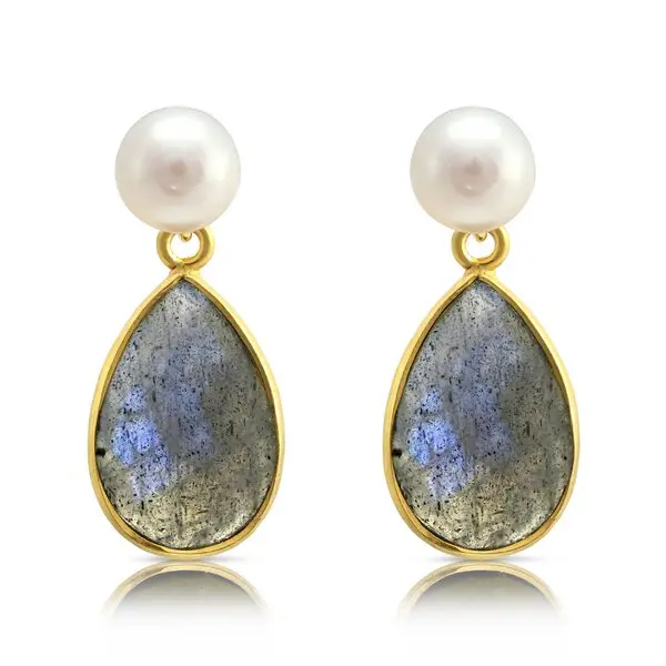 PEARLS OF THE ORIENT ONLINE Cultured Freshwater Pearl & Labradorite Drop Earrings - White