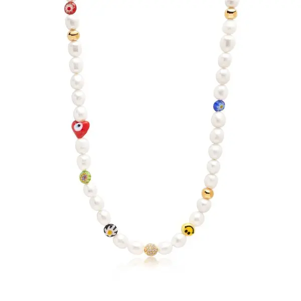 NIALAYA JEWELRY Smiley Face Pearl Necklace With Assorted Beads - White