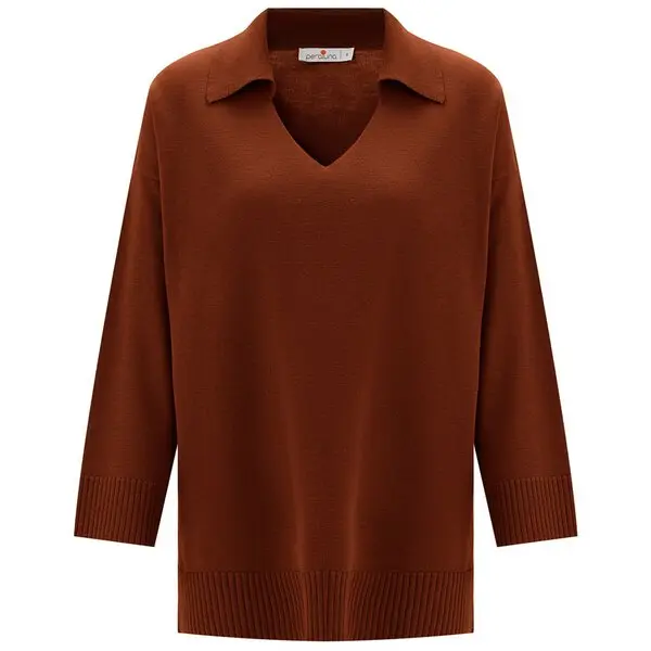 PERALUNA Polo V Neck Knit Pullover - Brown