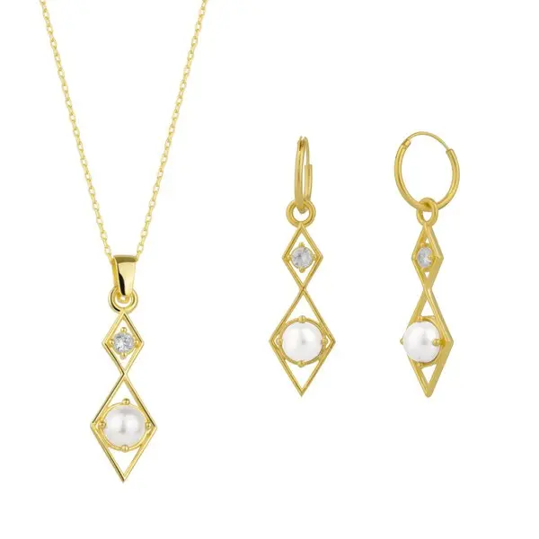 SPERO LONDON Sterling Silver Rhombus Pearl Necklace & Earring Set - Gold