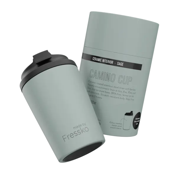 FRESSKO Camino 12oz / 340ml Reusable Coffee Cup, Ceramic Sage - Green