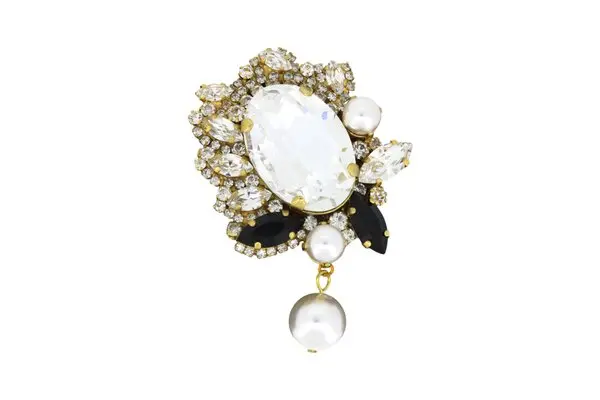 VICKISARGE Jagged Crystal And Pearl Drop Brooch - White/black