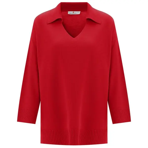 PERALUNA Polo V-neck Knit Pullover - Red