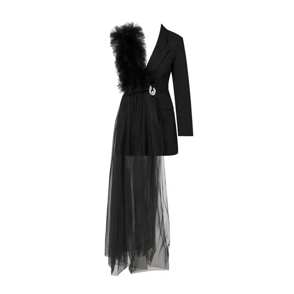 LIA ARAM Blazer With Tulle Ruffle Detailing - Black