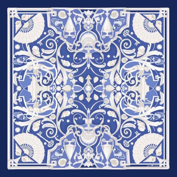 EMILY CARTER Blue / White The Fan & Feather Silk Scarf L - Blue/white