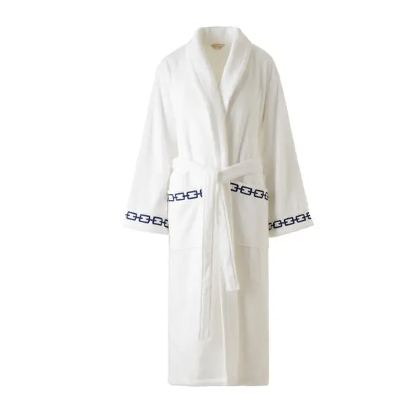 KM HOME COLLECTION White / Blue Navy Chain Embroidery Bathrobe - White/blue