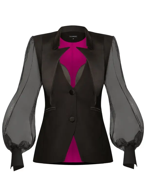 TIA DORRAINE Femme Fatale Tailored Blazer With Organza Sleeves - Black
