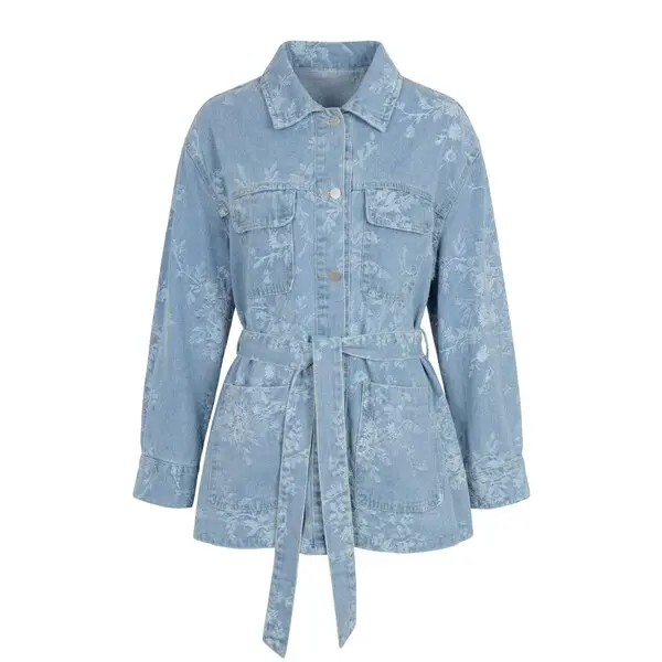 MODENAIRE Floral Jacquard Denim Jacket With Belt