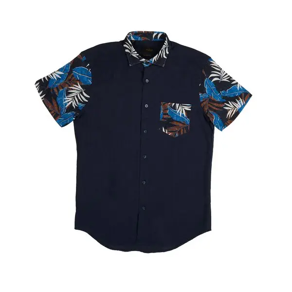 EIGHT X Navy Linen Short Sleeve Shirt With Botanical Print