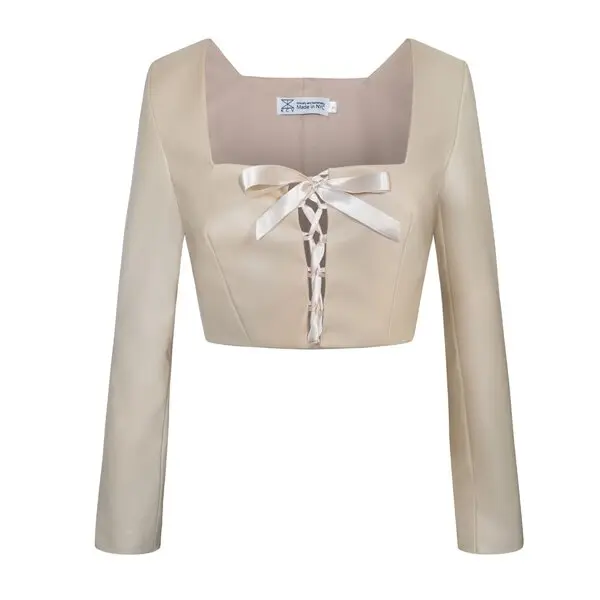 KATHY C VANG Faux Leather Crop Top - Beige/black
