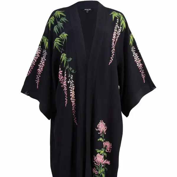 ARTEMIS MUSE Wisteria & Chrysanthemum Embroidered Long Kimono - Black/pink