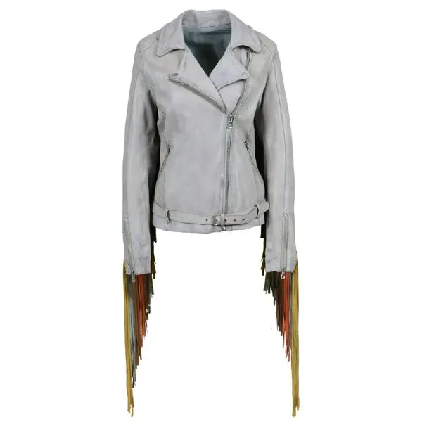 FREAKY NATION Leather Biker Jacket With Fringe - Grey