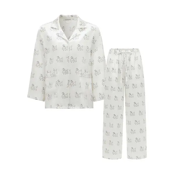 Not Just Pajama Diamond Poodles Silk Pajamas Long Set - White