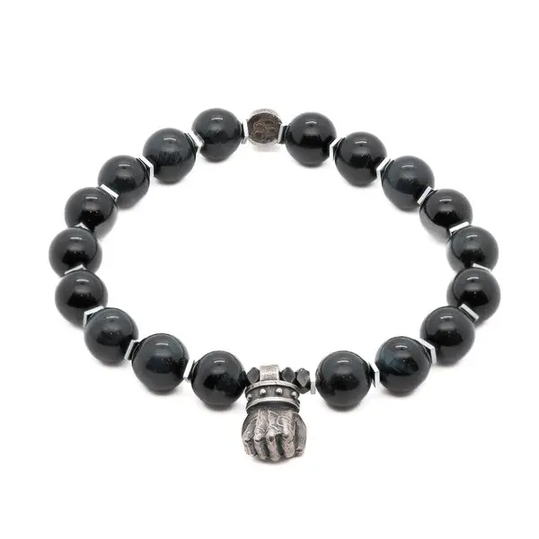 EBRU JEWELRY Tiger's Eye Stone Beaded Bracelet With Sterling Silver Hand Charm - Black/silver